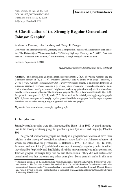 (PDF) A Classification of the Strongly Regular Generalised Johnson Graphs