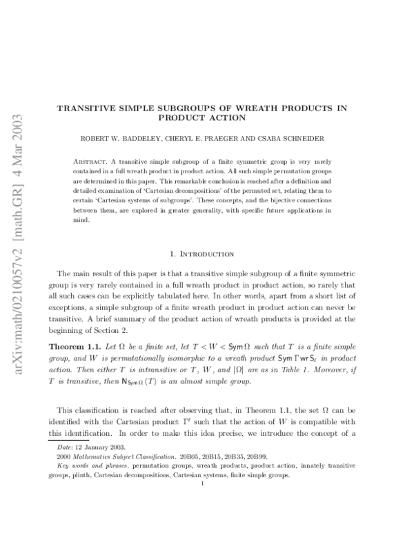 (PDF) Transitive simple subgroups of wreath products in product action