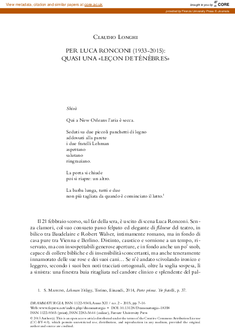 (PDF) Per Luca Ronconi (1933-2015): quasi una «leçon de ténèbres»
