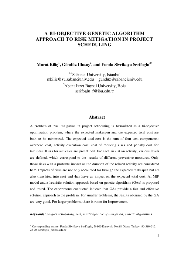 (PDF) A bi-objective genetic algorithm approach to risk mitigation in project scheduling | Murat ...