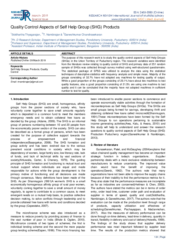 (PDF) Quality Control Aspects of Self Help Group (SHG) Products