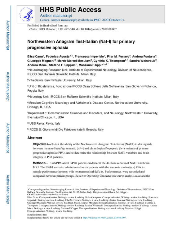 (PDF) Northwestern Anagram Test-Italian (Nat-I) For Primary Progressive ...