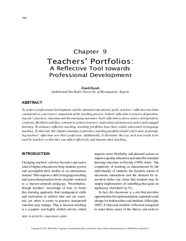 (PDF) Teachers' Portfolios: A Reflective Tool towards Professional Development