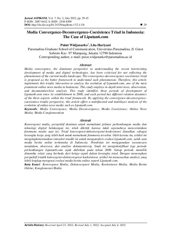 (PDF) Media Convergence-Deconvergence-Coexistence Triad in Indonesia: The Case of Liputan6.com