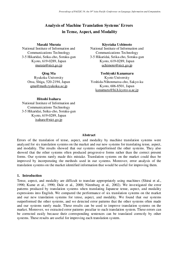 Pdf Analysis Of Machine Translation Systems Errors In Tense Aspect