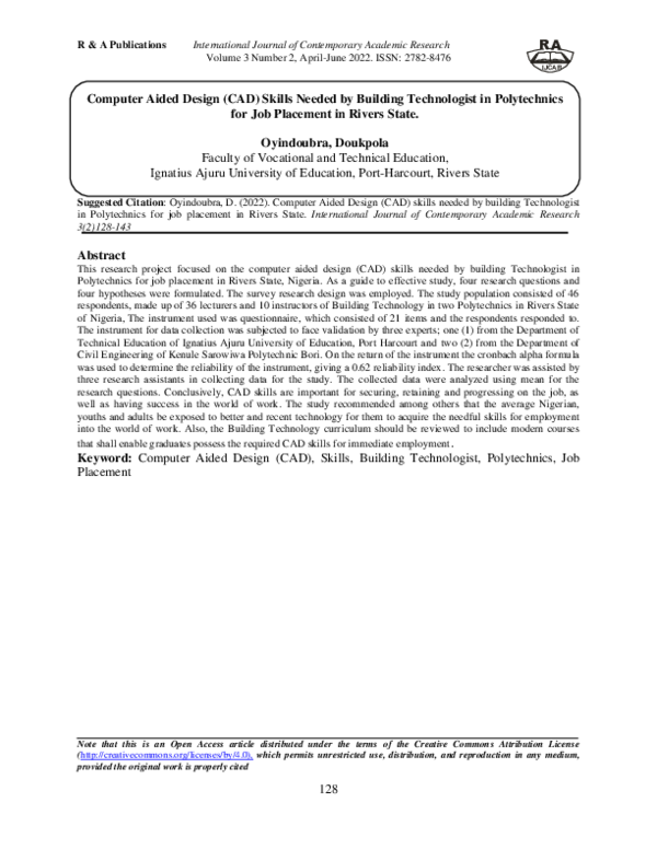 (PDF) Computer Aided Design (CAD) Skills Needed by Building Technologist in Polytechnics for Job ...