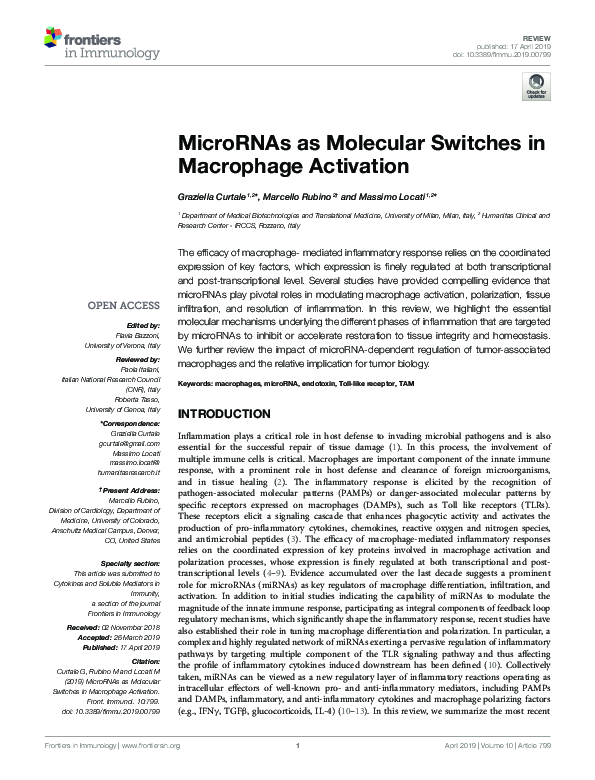 (PDF) MicroRNAs as Molecular Switches in Macrophage Activation