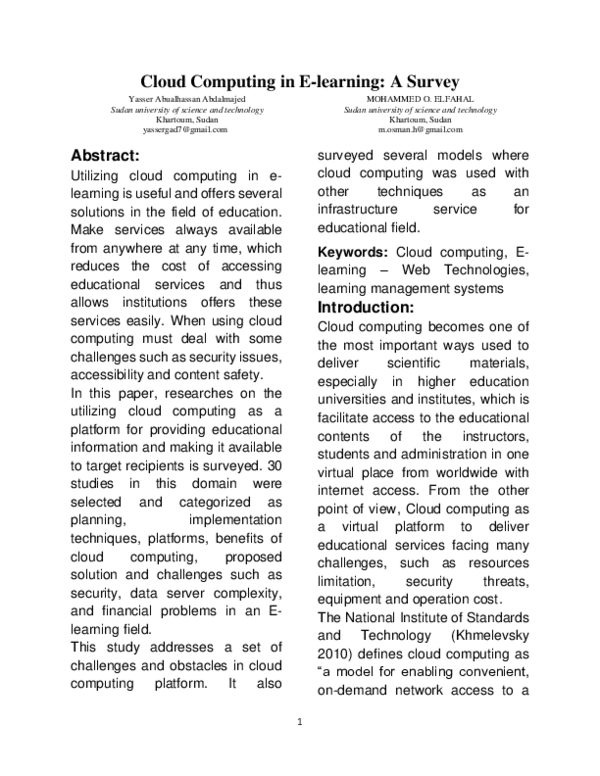 (PDF) Cloud Computing in E-learning: A Survey Paper