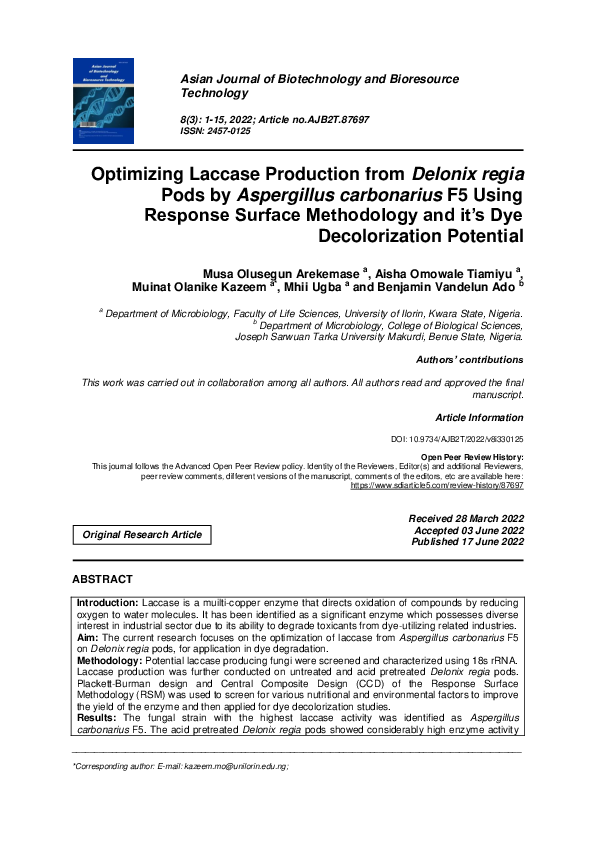 Pdf Optimizing Laccase Production From Delonix Regia Pods By Aspergillus Carbonarius F5 Using