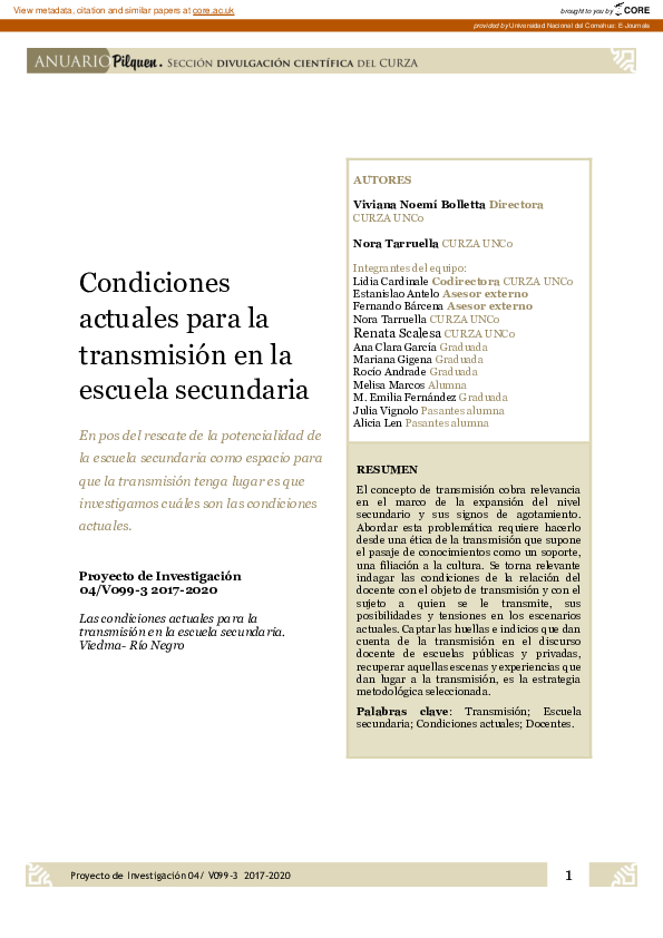 (PDF) Condiciones actuales para la transmisión en la escuela secundaria ...