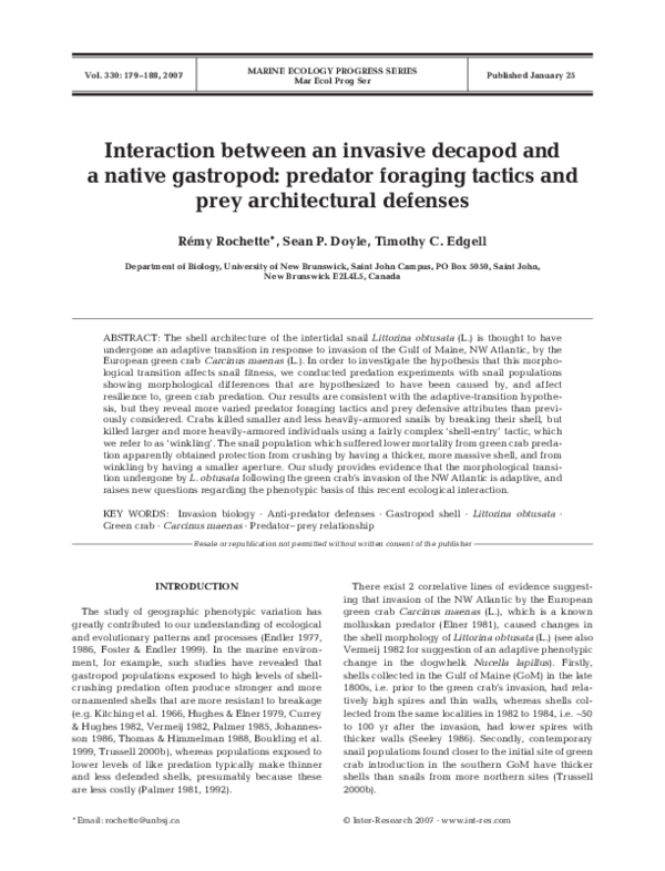 (PDF) Interaction between an invasive decapod and a native gastropod ...