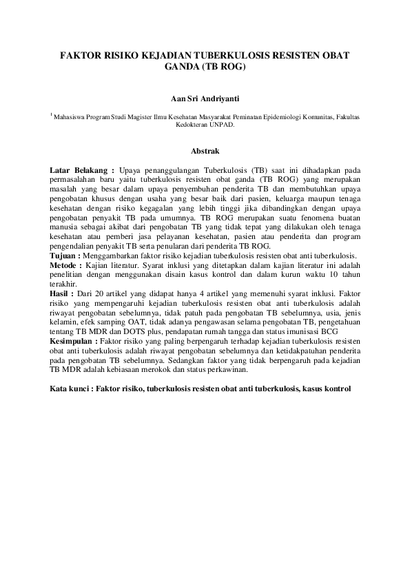 (PDF) Faktor Risiko Kejadian Tuberkulosis Resisten Obat Ganda (TB ROG)