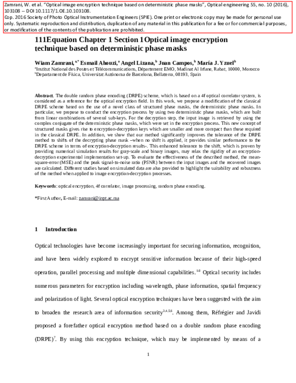 Pdf Optical Image Encryption Technique Based On Deterministic Phase Masks