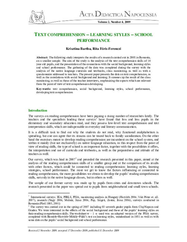 (PDF) Comprehension – Learning Styles – School Performance