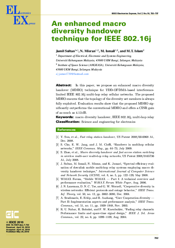 (PDF) An enhanced macro diversity handover technique for IEEE 802.16j