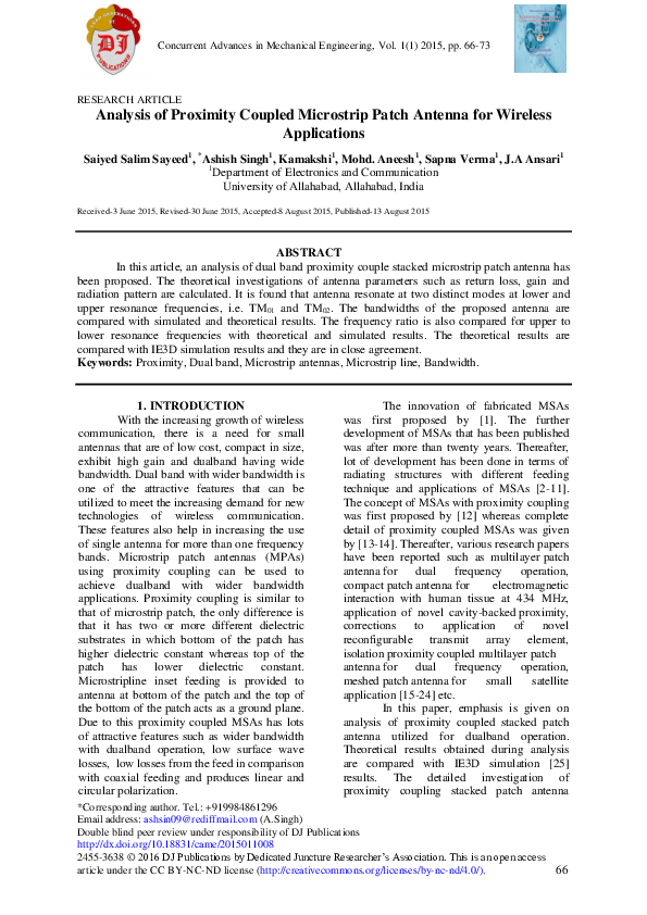 (PDF) Analysis of Proximity Coupled Microstrip Patch Antenna for Wireless Applications