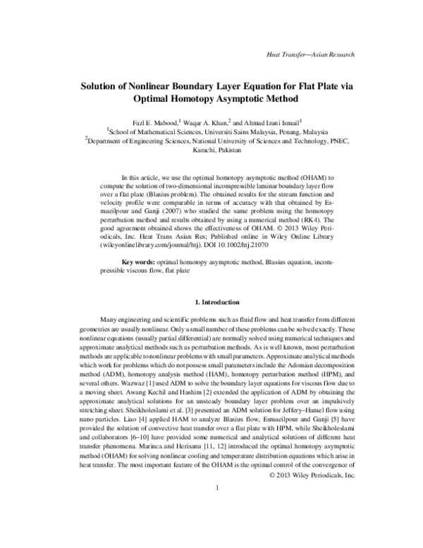 (PDF) Solution of nonlinear boundary layer equation for flat plate via optimal homotopy ...