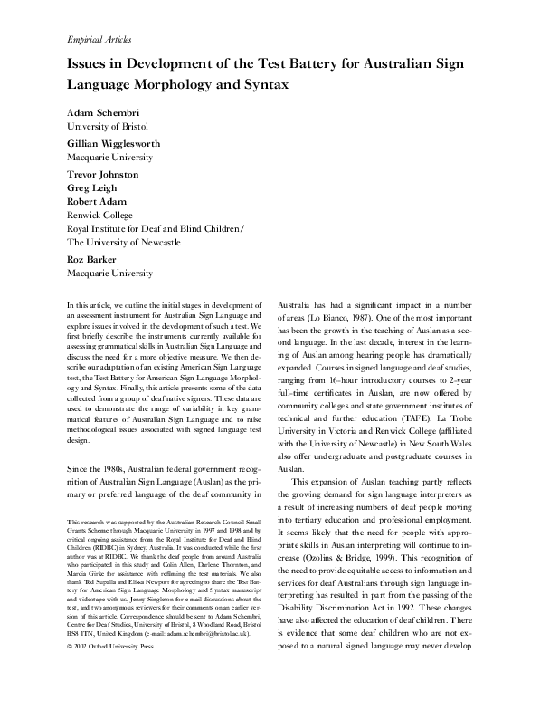 (PDF) Issues in Development of the Test Battery for Australian Sign ...