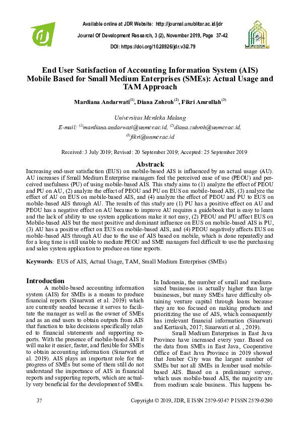 Pdf End User Satisfaction Of Accounting Information System Ais Mobile Based For Small Medium