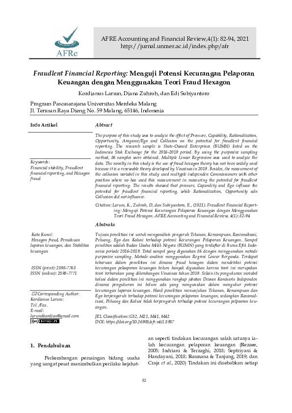 (PDF) Fraudlent Financial Reporting: Menguji Potensi Kecurangan ...