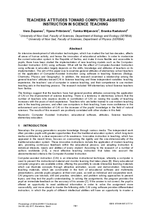 (PDF) Teachers’ Attitudes Toward Computer-Assisted Instruction in Science Teaching