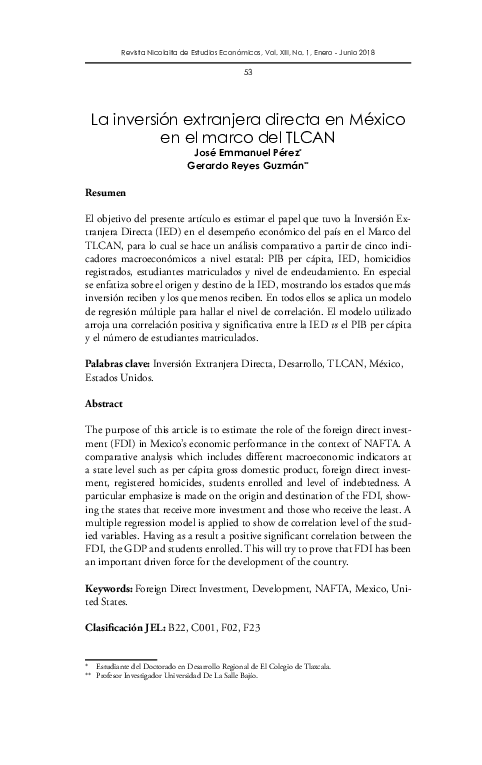 (PDF) La inversión extranjera directa en México en el marco del TLCAN