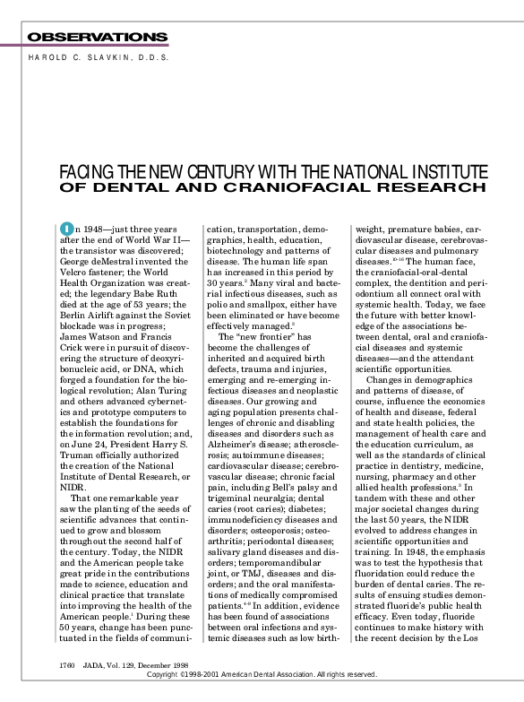 (PDF) Facing the New Century with the National Institute of Dental and Craniofacial Research