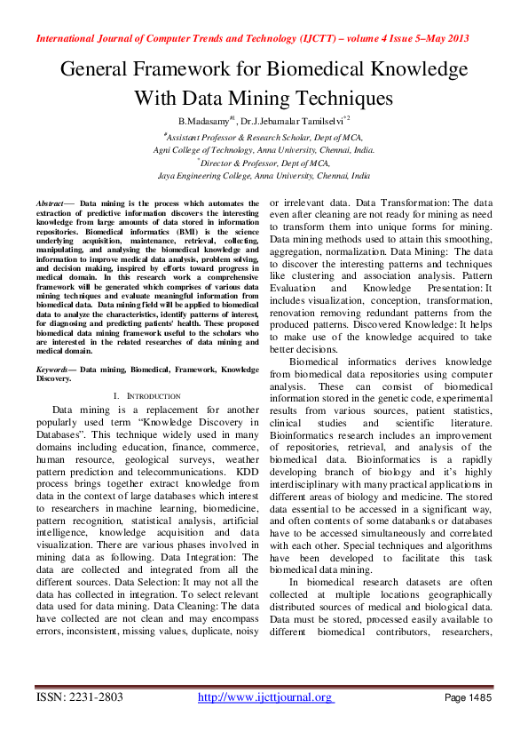 (PDF) General Framework for Biomedical Knowledge With Data Mining Techniques