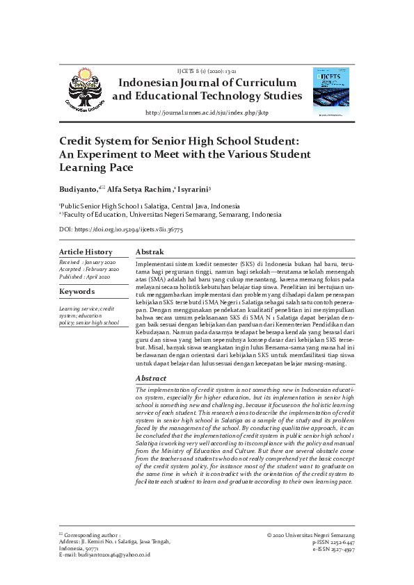 (PDF) Credit System for Senior High School Student: An Experiment to ...