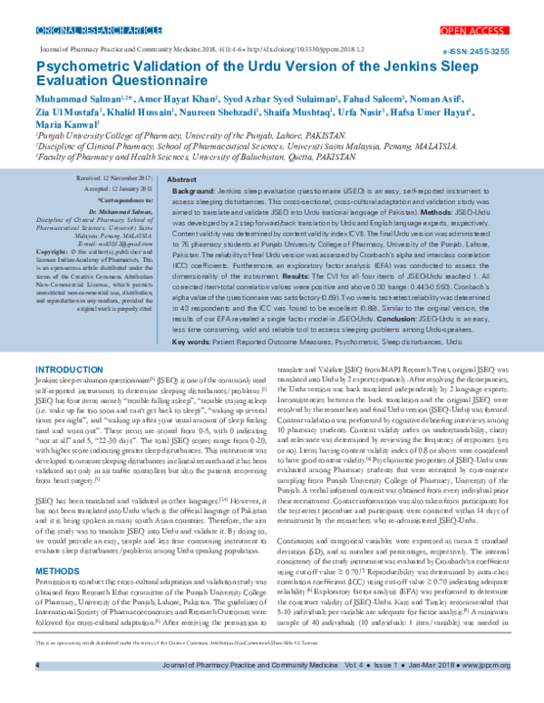 (PDF) Psychometric Validation of the Urdu Version of the Jenkins Sleep ...
