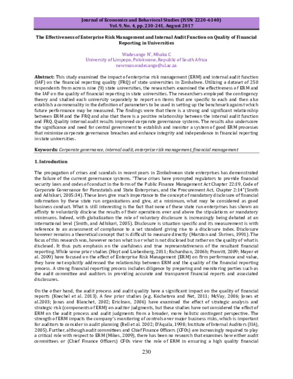 (PDF) The Effectiveness of Enterprise Risk Management and Internal Audit Function on Quality of ...