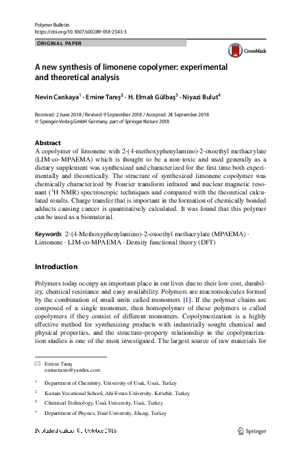 (PDF) A new synthesis of limonene copolymer: experimental and ...