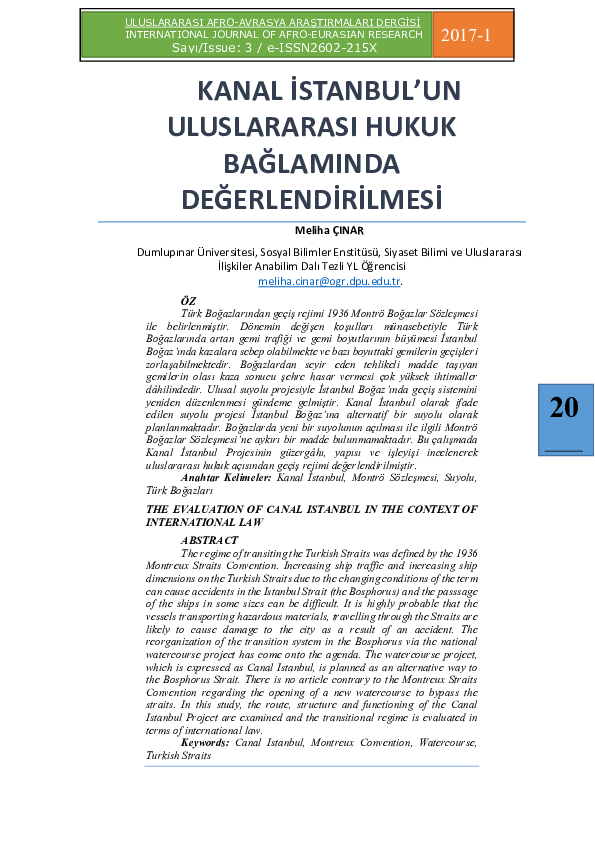 (PDF) Kanal İstanbul’Un Uluslararasi Hukuk Bağlaminda Değerlendi̇ri̇lmesi̇