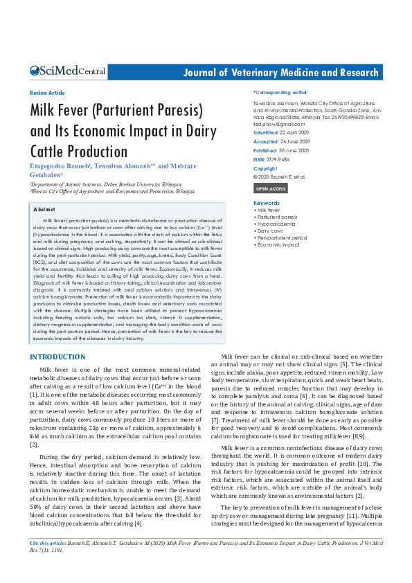 (PDF) Milk Fever (Parturient Paresis) and Its Economic Impact in Dairy ...