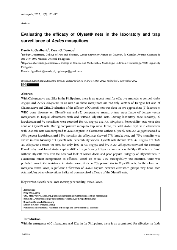 (PDF) Evaluating the efficacy of Olyset® nets in the laboratory and ...