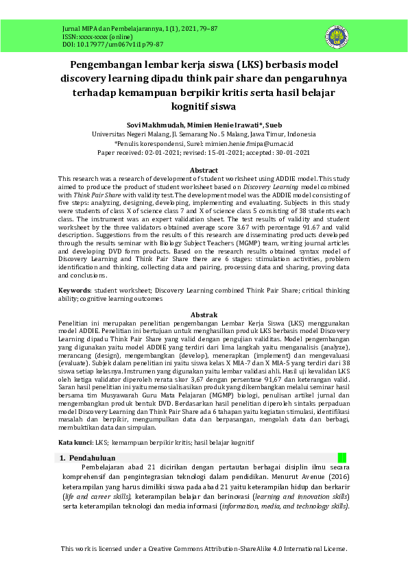 (PDF) Pengembangan lembar kerja siswa (LKS) berbasis model discovery learning dipadu think pair ...