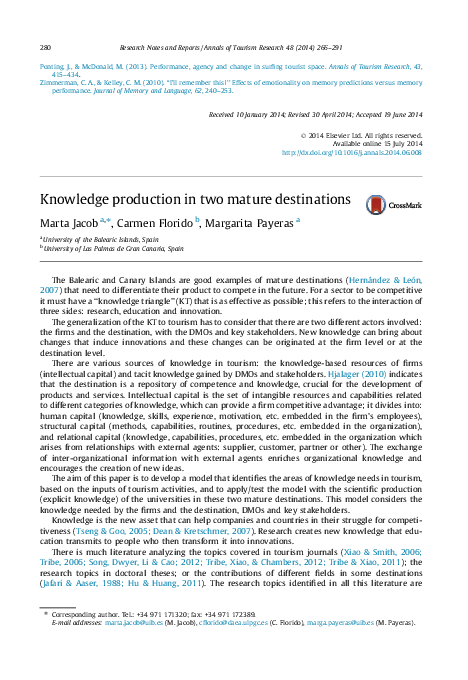(PDF) Knowledge production in two mature destinations