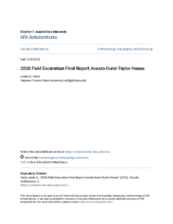 (PDF) 2008 Field Excavation Final Report Acosta-Durst-Taylor House