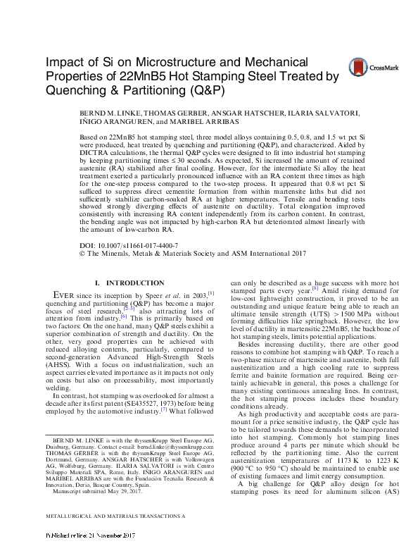 (PDF) Impact of Si on Microstructure and Mechanical Properties of 22MnB5 Hot Stamping Steel ...