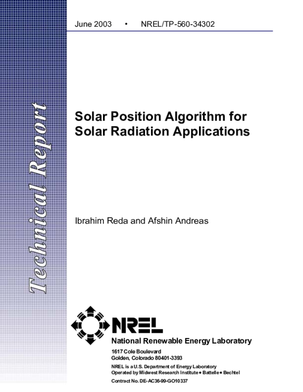 (PDF) Solar position algorithm for solar radiation applications