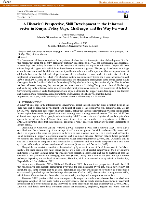 (PDF) A Historical Perspective, Skill Development in the Informal ...