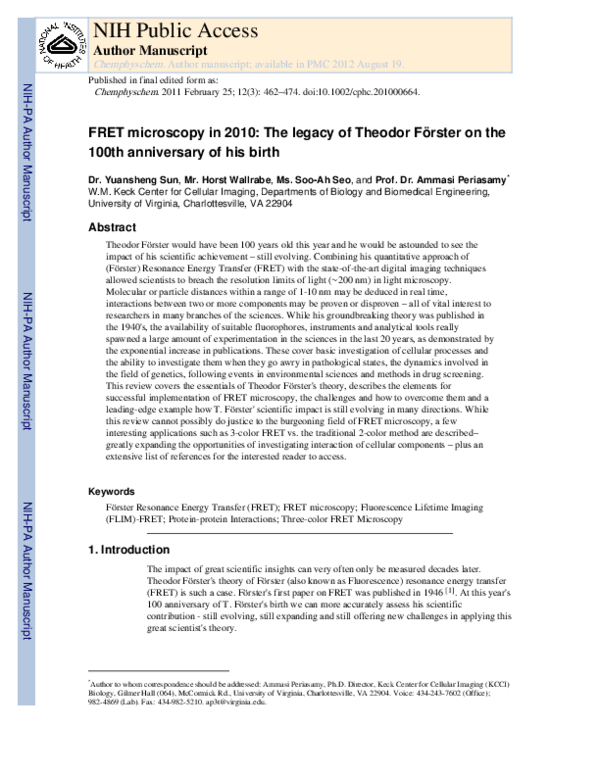 (PDF) FRET Microscopy in 2010: The Legacy of Theodor Förster on the ...