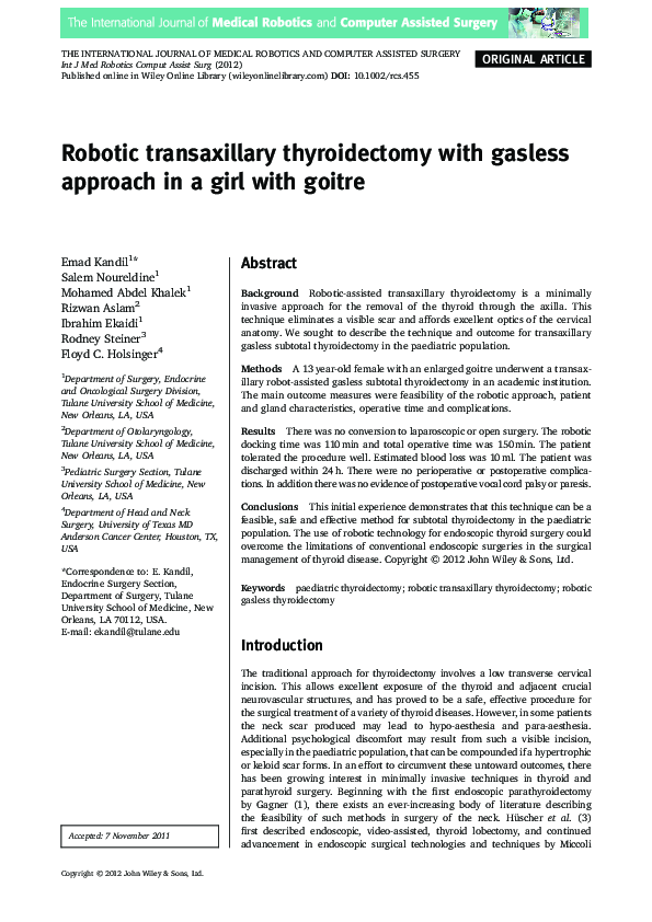 Pdf Robotic Transaxillary Thyroidectomy With Gasless Approach In A
