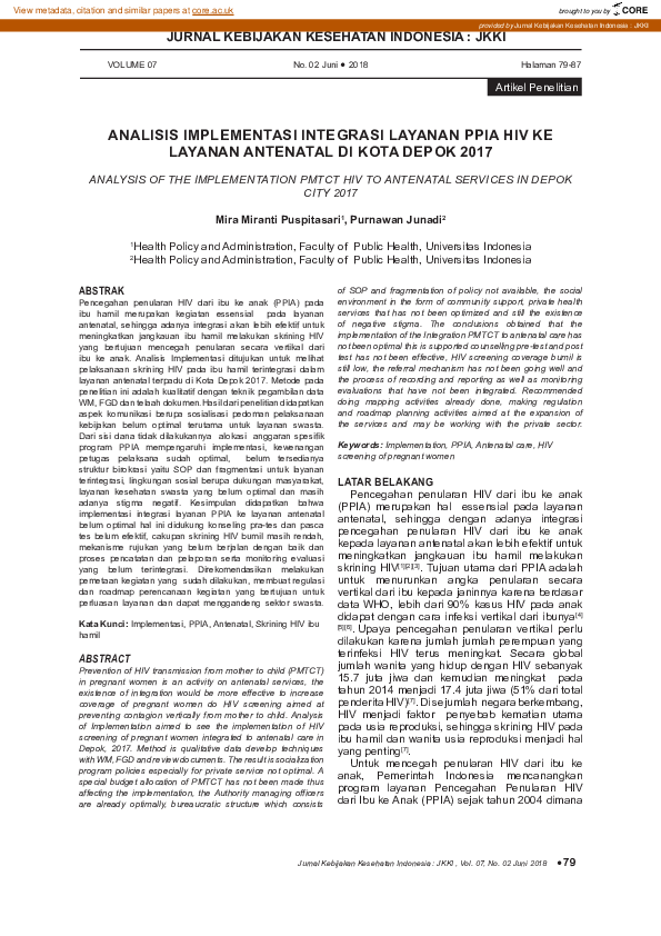 (PDF) Analisis Implementasi Integrasi Layanan PPIA HIV ke Layanan Antenatal di Kota Depok 2017