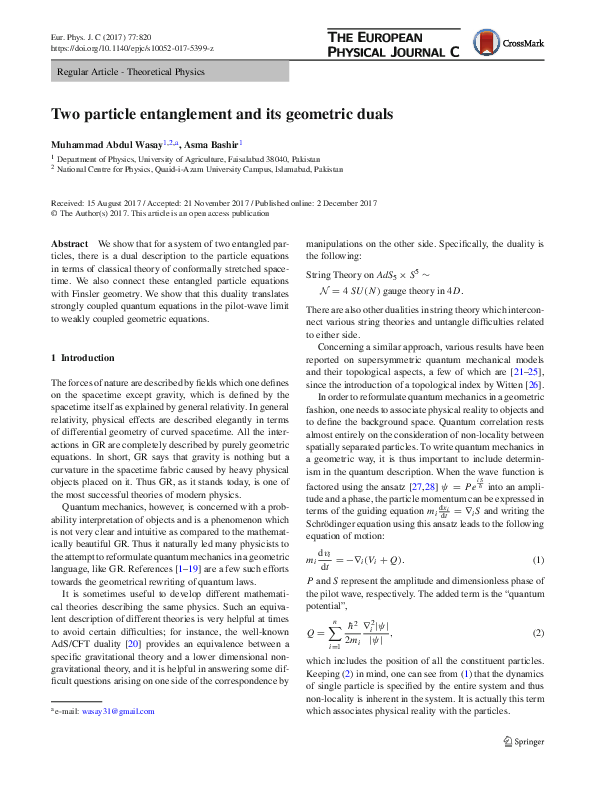 (PDF) Two particle entanglement and its geometric duals