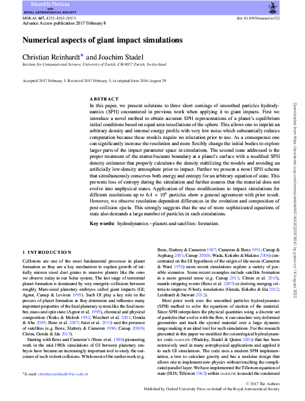 (PDF) Numerical aspects of giant impact simulations