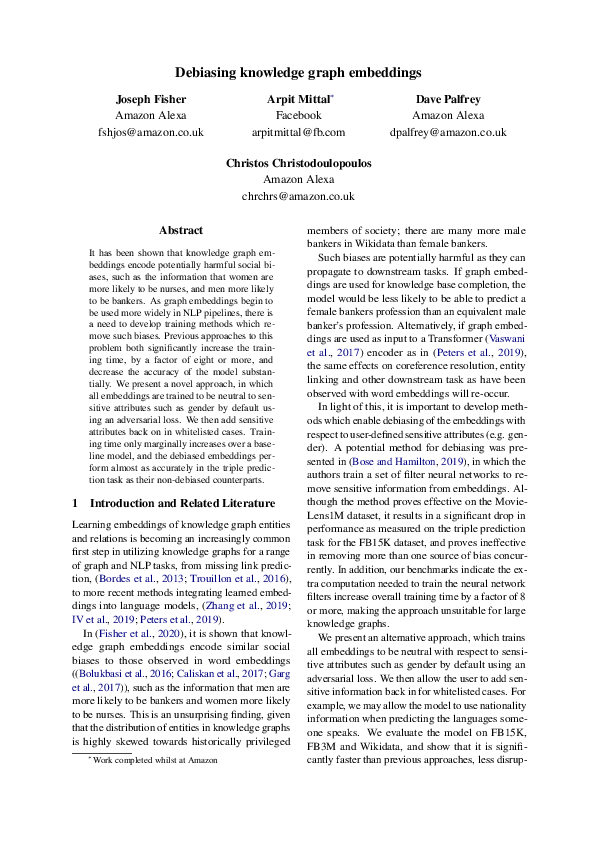(PDF) Debiasing knowledge graph embeddings
