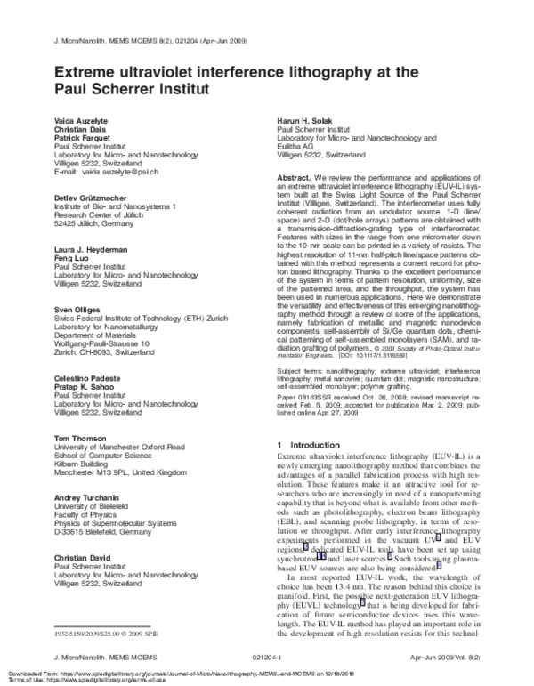 (PDF) Extreme ultraviolet interference lithography as applied to ...