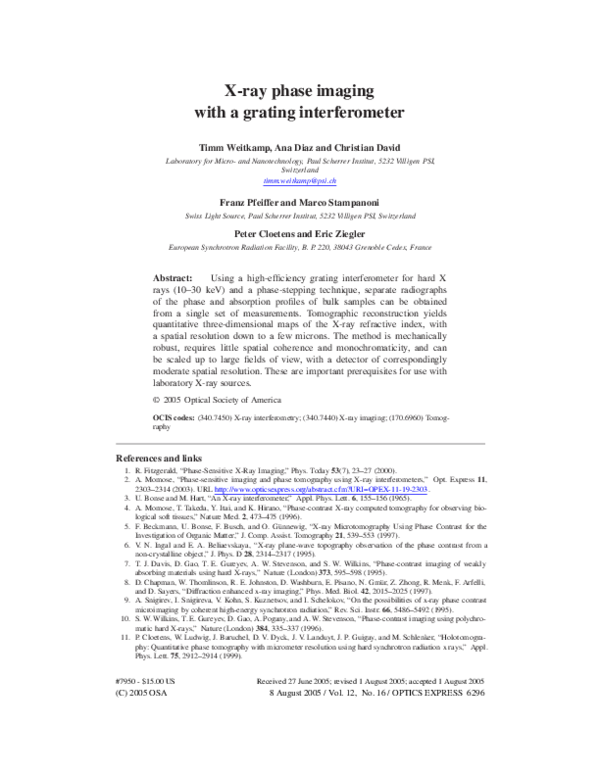 (PDF) X-ray phase imaging with a grating interferometer