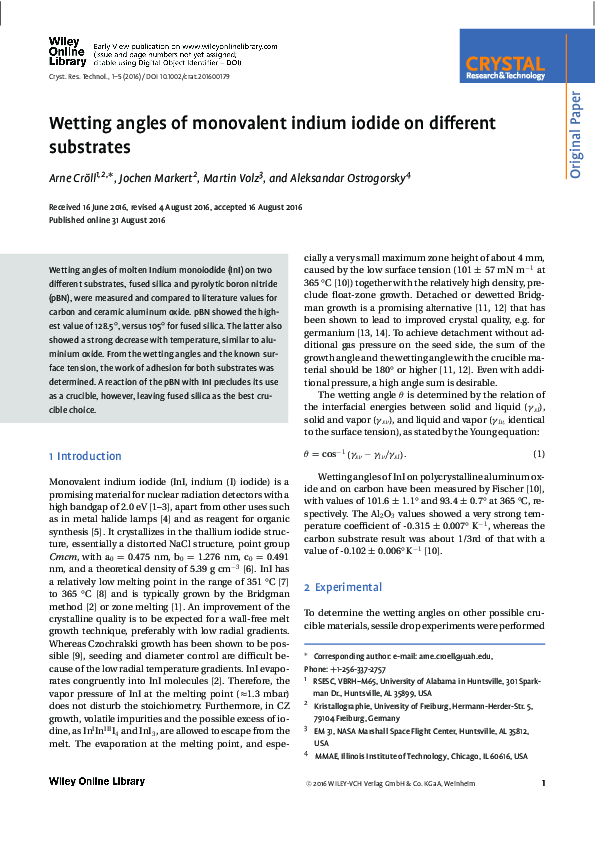 (PDF) Wetting angles of monovalent indium iodide on different substrates